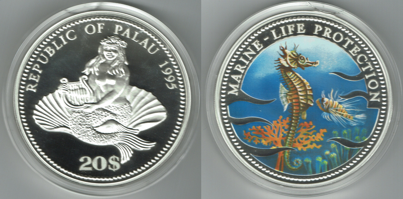 20 Dollars 1995 Palau-Inseln, Marine Life Protection - Seepferdchen, teilcoloriert, siehe Scan ...