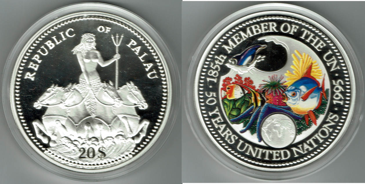 20 Dollars 1995 Palau-Inseln, "50 Jahre UNO - Meeresfauna", teilcoloriert, siehe Scan Polierte ...