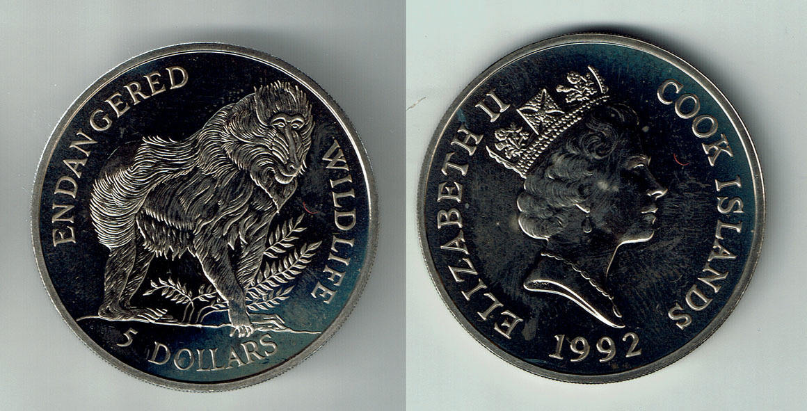 1992 Cook Islands, 5 Dollars, "Bedrohte Tierwelt - Mandrill", siehe ...
