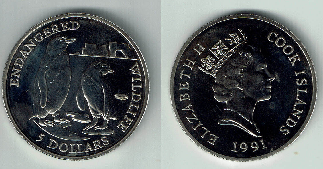1991 Cook Islands, 5 Dollars, "Bedrohte Tierwelt - Pinguin", siehe Scan ...