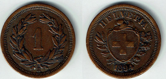Schweiz, Kursmünze 1 Rappen 1894 B, Erhaltung siehe Scan! sehr schön | MA-Shops