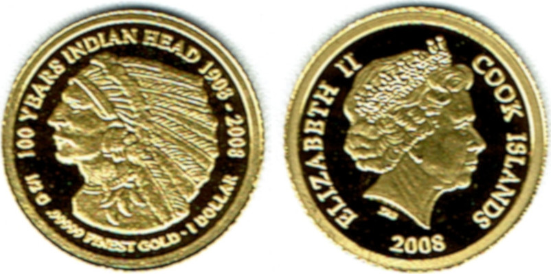 Cook Islands 1 Dollar 2008 Gold-Gedenkmünze 100 Jahre Indian Head", 0,5 ...