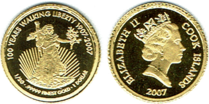 Cook Islands 1 Dollar 2007 Gold-Gedenkmünze 100 Jahre Walking Liberty ...