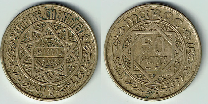 Marokko, 50 Francs Kursmünze 1952 - AH 1371, Erhaltung siehe Scan sehr schön | MA-Shops