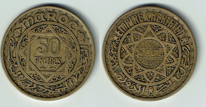 Marokko, 50 Francs Kursmünze 1952 - AH 1371, Erhaltung siehe Scan sehr schön | MA-Shops