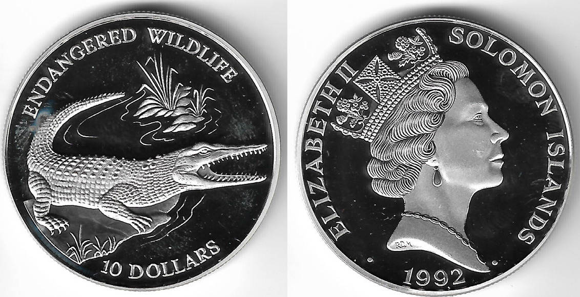 Salomon Inseln 10 Dollars 1992 Gedenkmünze Endangered Wildlife - Krokodil, siehe Scan Polierte ...