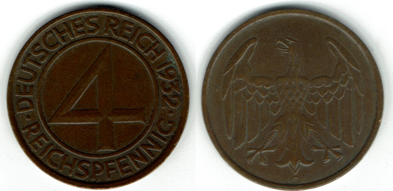 Weimarer Republik, 4 Pfennig 1932 G! Erhaltung siehe Scan! sehr schön ...