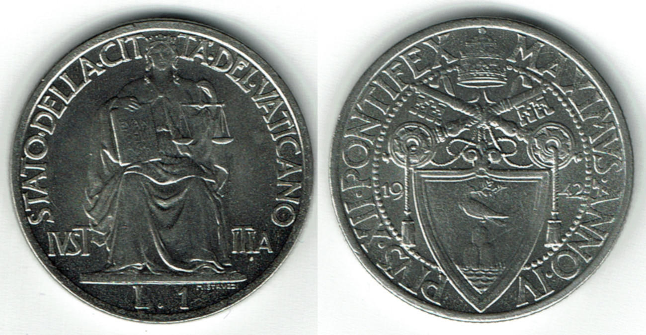 1942 Vatikan, Pius XII., 1939-1958, 1 Lira, Erhaltung siehe Scan! vorzüglich bis stempelglanz ...