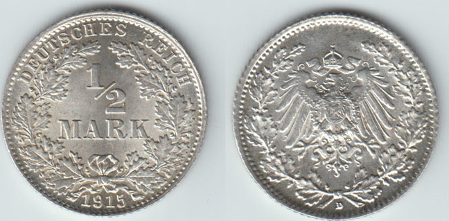 Kaiserreich, Kursmünze 1/2 Mark 1915 D, 900er Silber! vorzüglich bis stempelglanz | MA-Shops