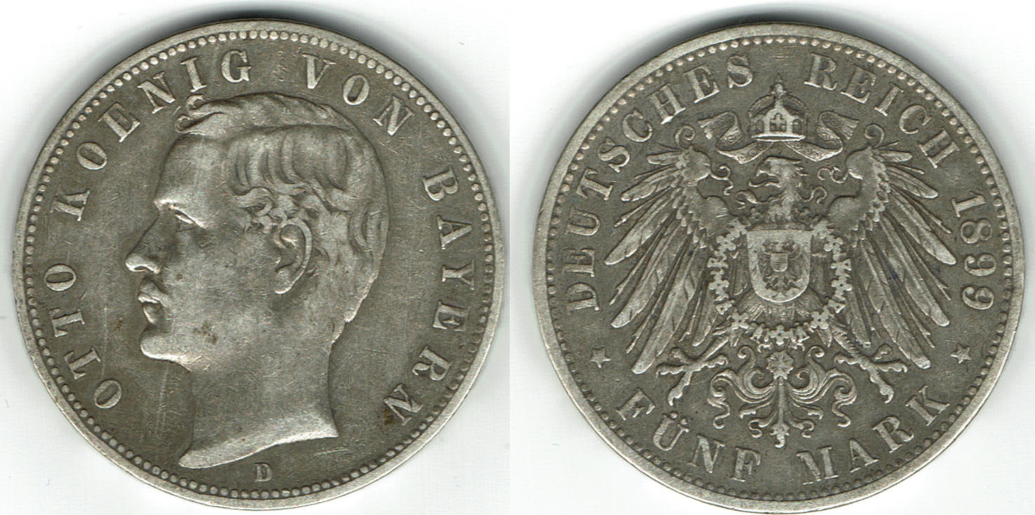 Kaiserreich - Bayern Deutsches Kaiserreich, Bayern, König Otto, 5 Mark 1899 D, Silber! sehr ...