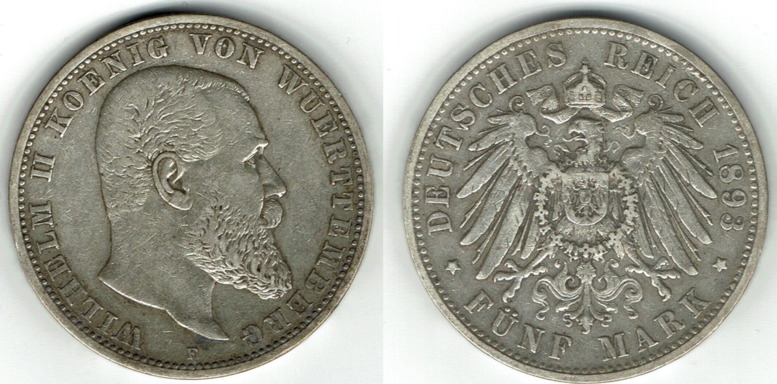 5 Mark Kaiserreich, Württemberg 1893 F, Wilhelm II., Erhaltung siehe Scan! sehr schön, minimaler ...