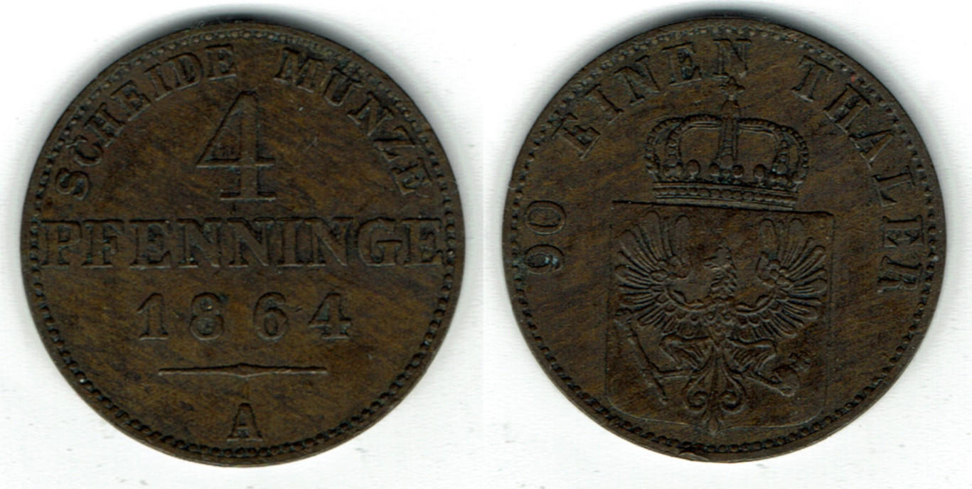 Preußen 4 Pfennig Wilhelm I., Kursmünze 4 Pfenninge 1864 A, Erhaltung ...