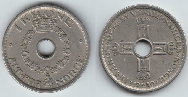 Norwegen 1950, 1 Krone, Haakon VII., Erhaltung siehe Scan! sehr schön ...