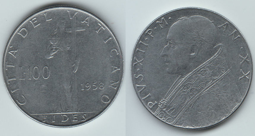 100 Lire Vatikan, Kursmünze Papst Pius XII, 1958, Erhaltung siehe Scan sehr schön bis vorzüglich ...