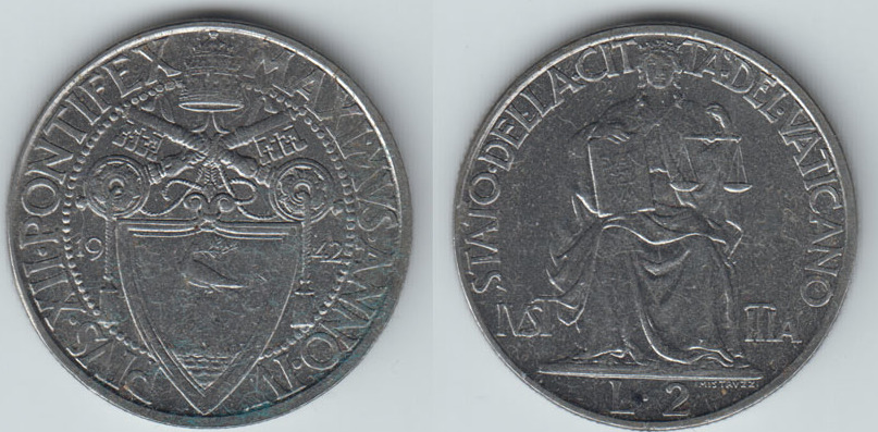 Vatikan, Pius XII., 1939-1958 2 Lire 1942, Erhaltung siehe Scan! sehr schön bis vorzüglich | MA ...