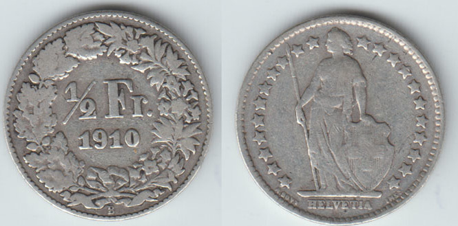 Schweiz, Kursmünze Silber, 1/2 Franken 1910 B, Erhaltung siehe Scan! fast sehr schön | MA-Shops