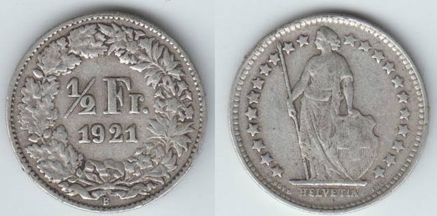 Schweiz, Kursmünze Silber, 1/2 Franken 1921 B, Erhaltung siehe Scan! sehr schön | MA-Shops