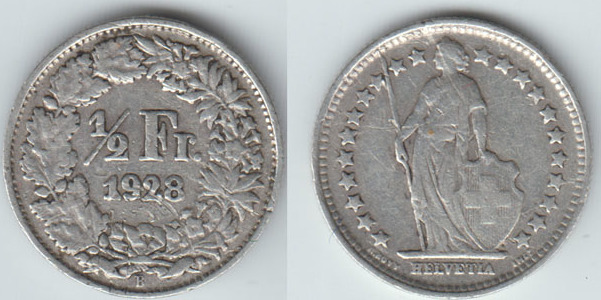 Schweiz, Kursmünze Silber, 1/2 Franken 1928 B, Erhaltung siehe Scan! sehr schön | MA-Shops
