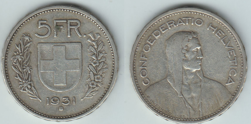 Schweiz, Kursmünze 5 Franken 1931, Silber, Erhaltung siehe Scan! sehr schön | MA-Shops