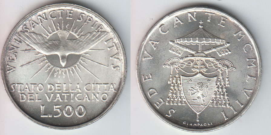 500 Lire Vatikan, Silbermünze Sede Vacante Ausgabe 1958, siehe Scan Vorzüglich - Stempelglanz ...