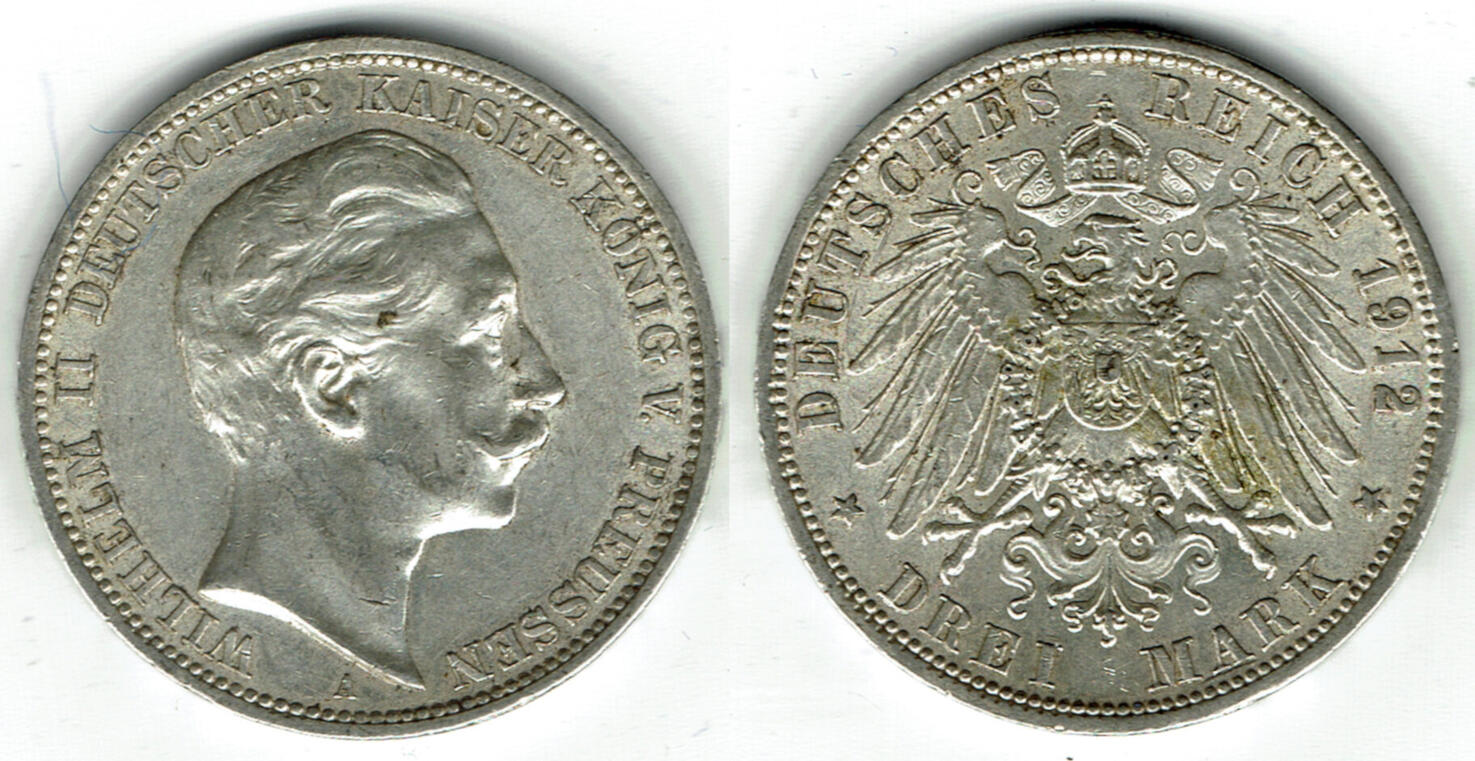 Kaiserreich, Preußen 3 Mark 1912 A, Wilhelm II., Erhaltung siehe Scan sehr schön bis vorzüglich ...