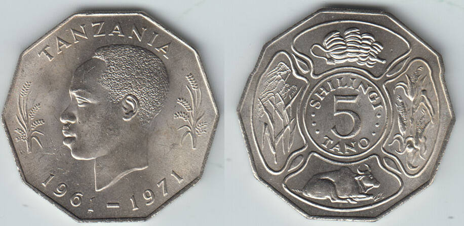 5 Shillings 1971 Tansania, 5 Shiling, Unabhängigkeit, siehe Scan ...