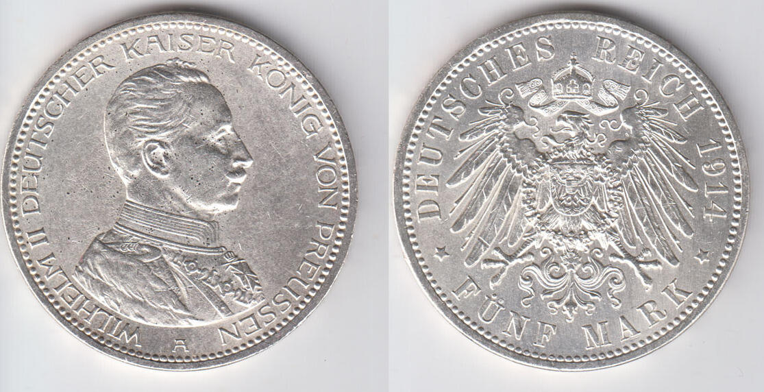 Preußen 5 Mark 1914 A, Wilhelm II. in Uniform, Erhaltung siehe Scan! sehr schön, berieben | MA-Shops