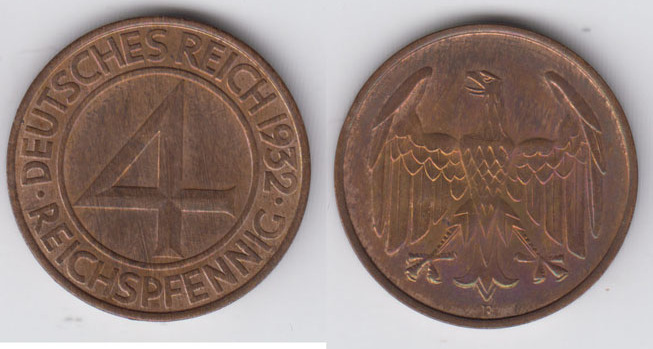 Weimarer Republik, 4 Pfennig 1932 F! Erhaltung siehe Scan! gutes ...