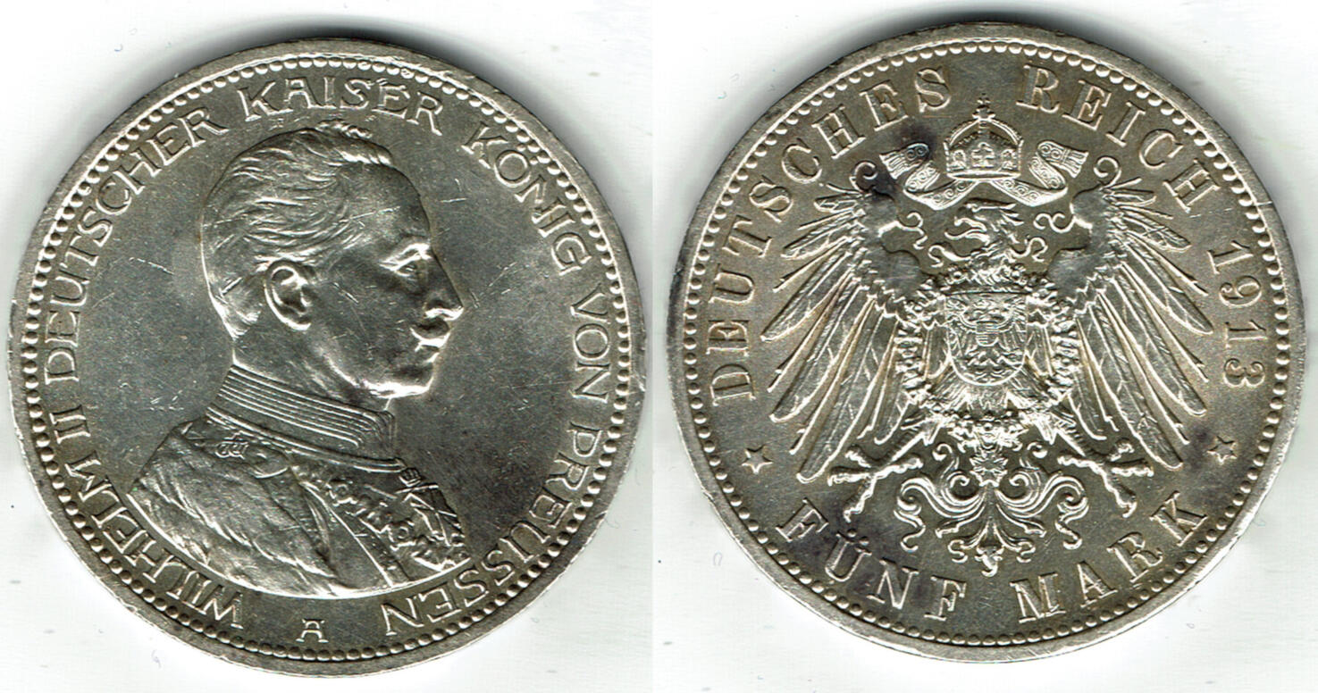 Preußen 5 Mark 1913 A, Wilhelm II. in Uniform, Erhaltung siehe Scan! sehr schön | MA-Shops