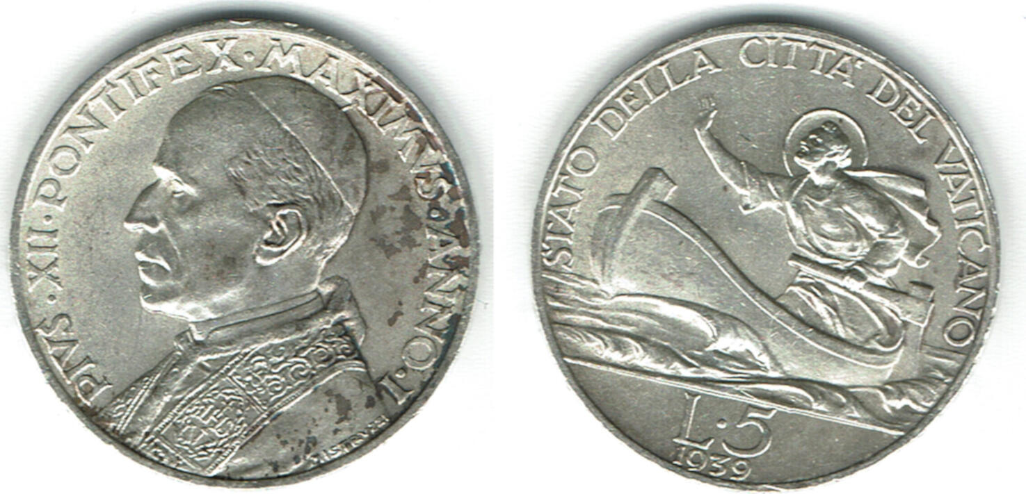 1939 Vatikan, Pius XII., 1939-1958 5 Lire 1939, Erhaltung siehe Scan! Vorzüglich | MA-Shops