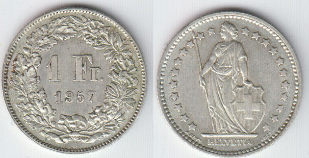 Schweiz, Kursmünze 1 Franken 1957, Erhaltung siehe Scan! sehr schön bis vorzüglich | MA-Shops