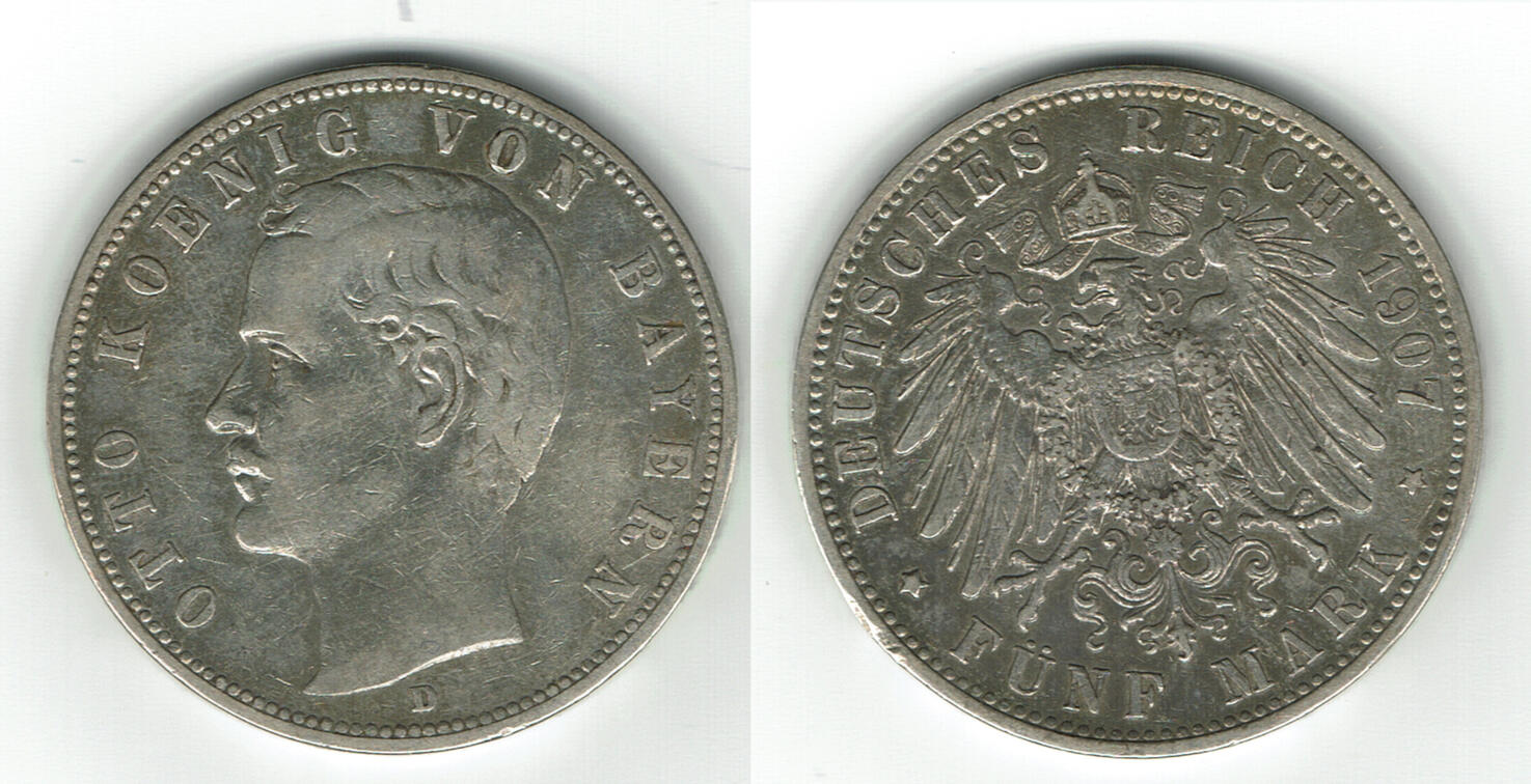 Kaiserreich - Bayern Deutsches Kaiserreich, Bayern, König Otto, 5 Mark 1907 D, Silber! sehr ...