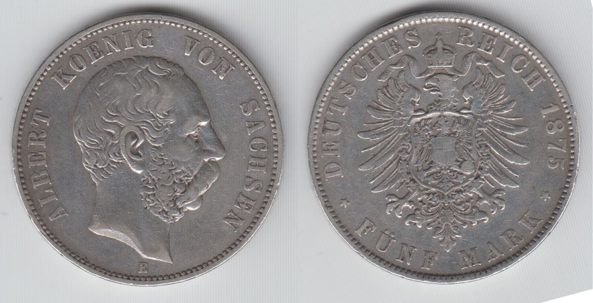 Sachsen Kursmünze, 5 Mark 1875 E, Albert, siehe Scan! sehr schön | MA-Shops