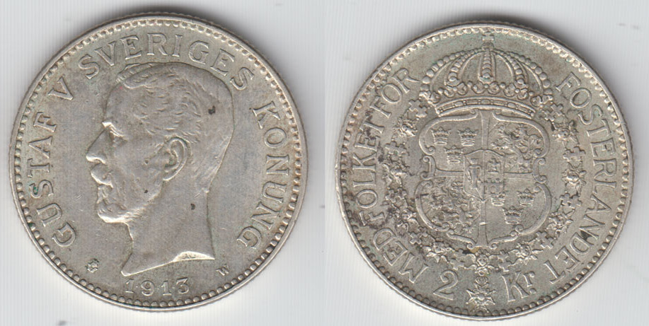 2 Kronor Schweden 1913, 2 Kronen, Gustaf V., Erhaltung siehe Scan! sehr schön bis vorzüglich ...