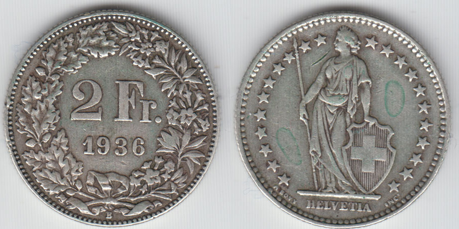 Schweiz, Kursmünze Silber, 2 Franken 1936 B, Erhaltung siehe Scan! sehr schön | MA-Shops