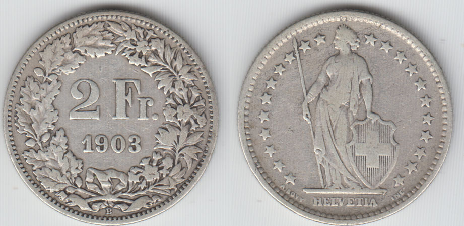 1903 Schweiz, Kursmünze Silber, 2 Franken, Erhaltung siehe Scan! sehr schön | MA-Shops