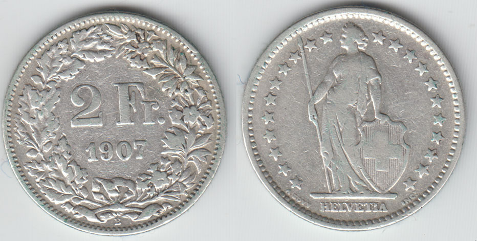 1907 Schweiz, Kursmünze Silber, 2 Franken, Erhaltung siehe Scan! fast sehr schön | MA-Shops