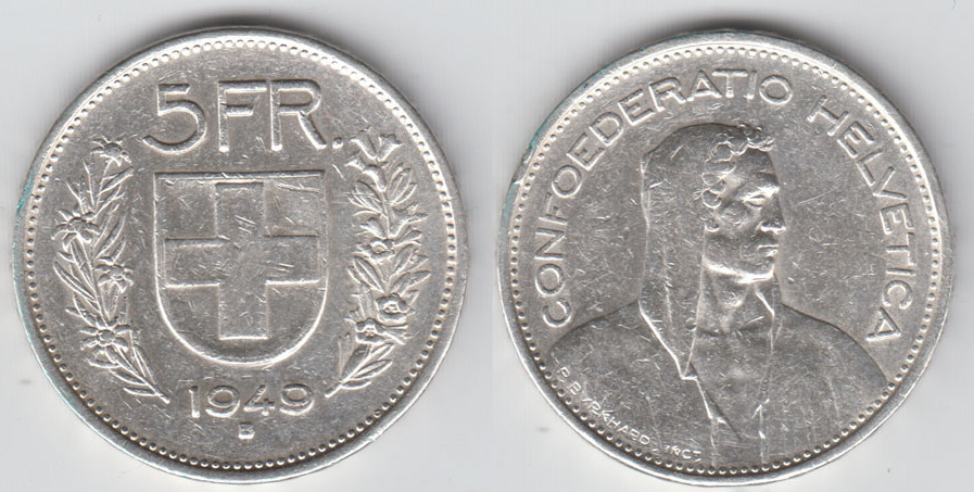 Schweiz, Kursmünze 5 Franken 1949, Silber, Erhaltung siehe Scan! sehr schön | MA-Shops