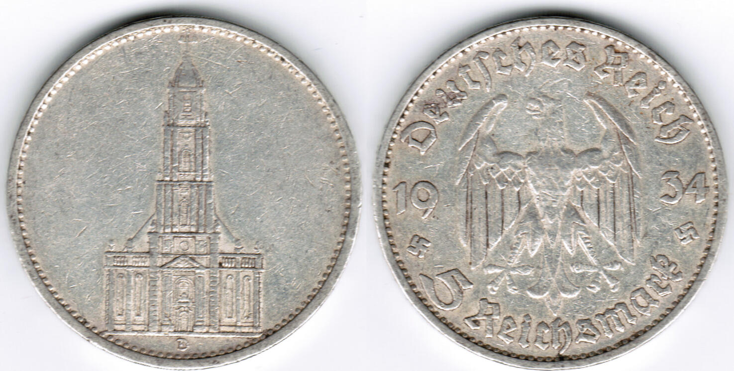 1934 D Drittes Reich, 5 Reichsmark Garnisonskirche ohne Datum, 13,89 g ...