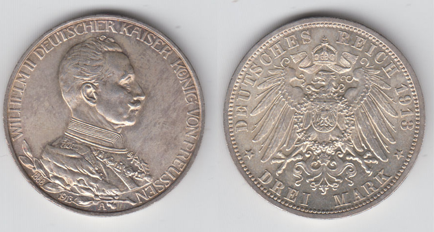 Preußen 3 Mark 1913 A, Wilhelm II. in Uniform, Erhaltung siehe Scan! vorzüglich | MA-Shops