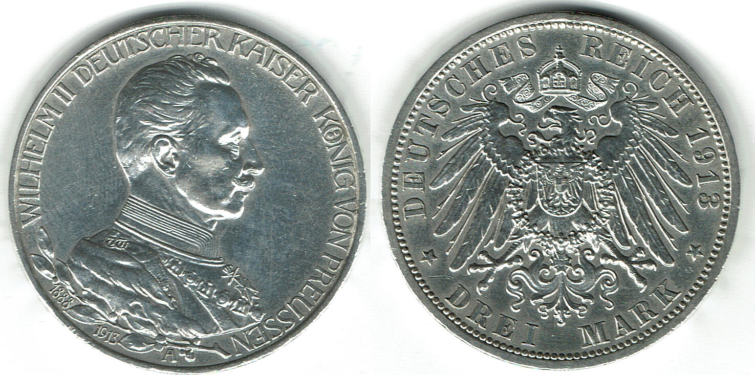 Preußen 3 Mark 1913 A, Wilhelm II. in Uniform, Erhaltung siehe Scan! sehr schön bis vorzüglich ...