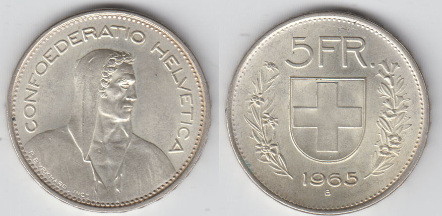 Schweiz, Kursmünze 5 Franken 1965 B, Silber, Erhaltung siehe Scan! vorzüglich bis stempelglanz ...