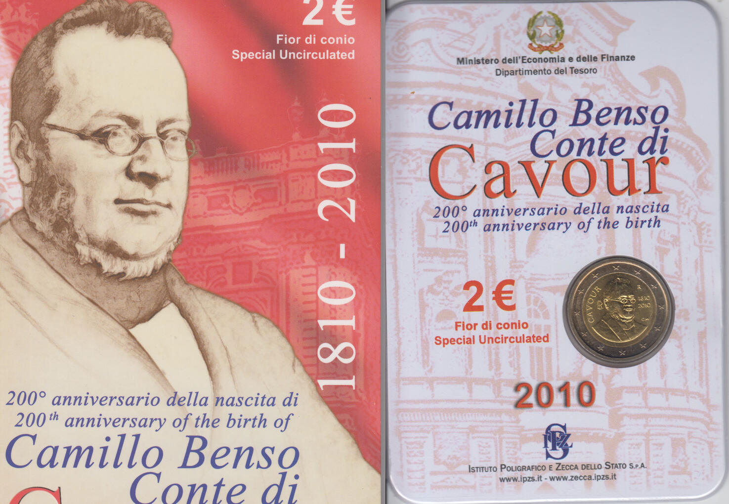 2 Euro 2010 2-Euro-Sondergedenkmünze Italien, Graf Camille von Cavour ...