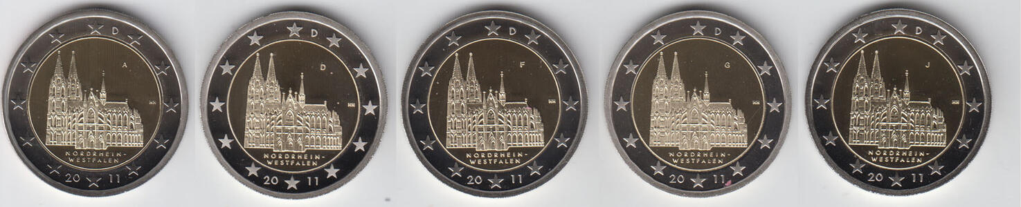Deutschland 5 x 2 Euro 2011 A - J Kompletter Satz 2-Euro-Gedenkmünzen ...