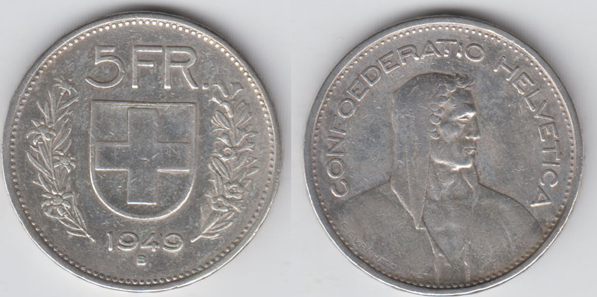 Schweiz, Kursmünze 5 Franken 1949, Silber, Erhaltung siehe Scan! sehr schön | MA-Shops