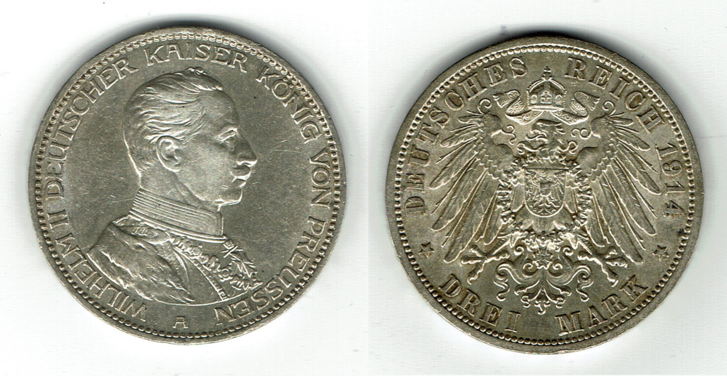 Preußen 3 Mark 1914 A, Wilhelm II. in Uniform, Erhaltung siehe Scan! sehr schön bis vorzüglich ...