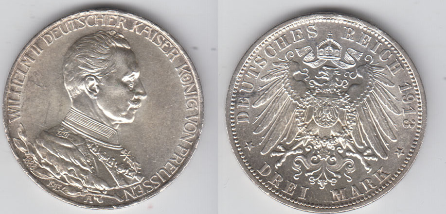 1913 U Preußen 3 Mark 1913 A, Wilhelm II. in Uniform, Erhaltung siehe Scan! fast vorzüglich | MA ...
