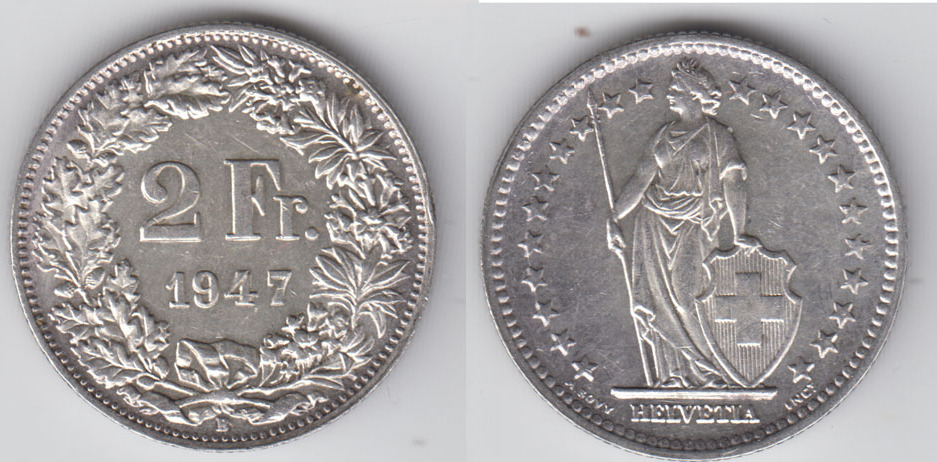 Schweiz, Kursmünze Silber, 2 Franken 1947 B, Erhaltung siehe Scan! fast vorzüglich | MA-Shops