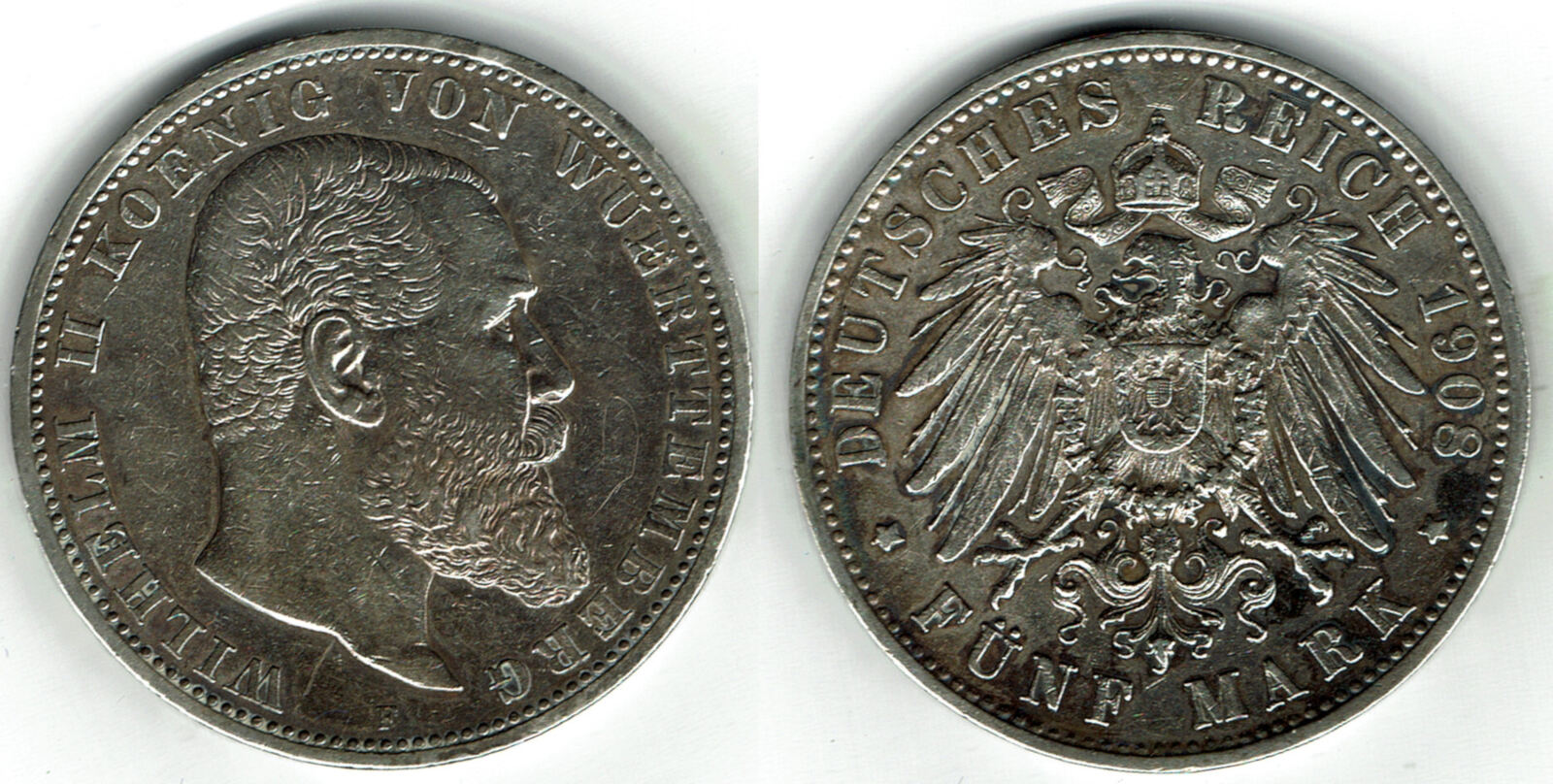 5 Mark Kaiserreich, Württemberg 1908 F, Wilhelm II., Erhaltung siehe Scan! sehr schön | MA-Shops