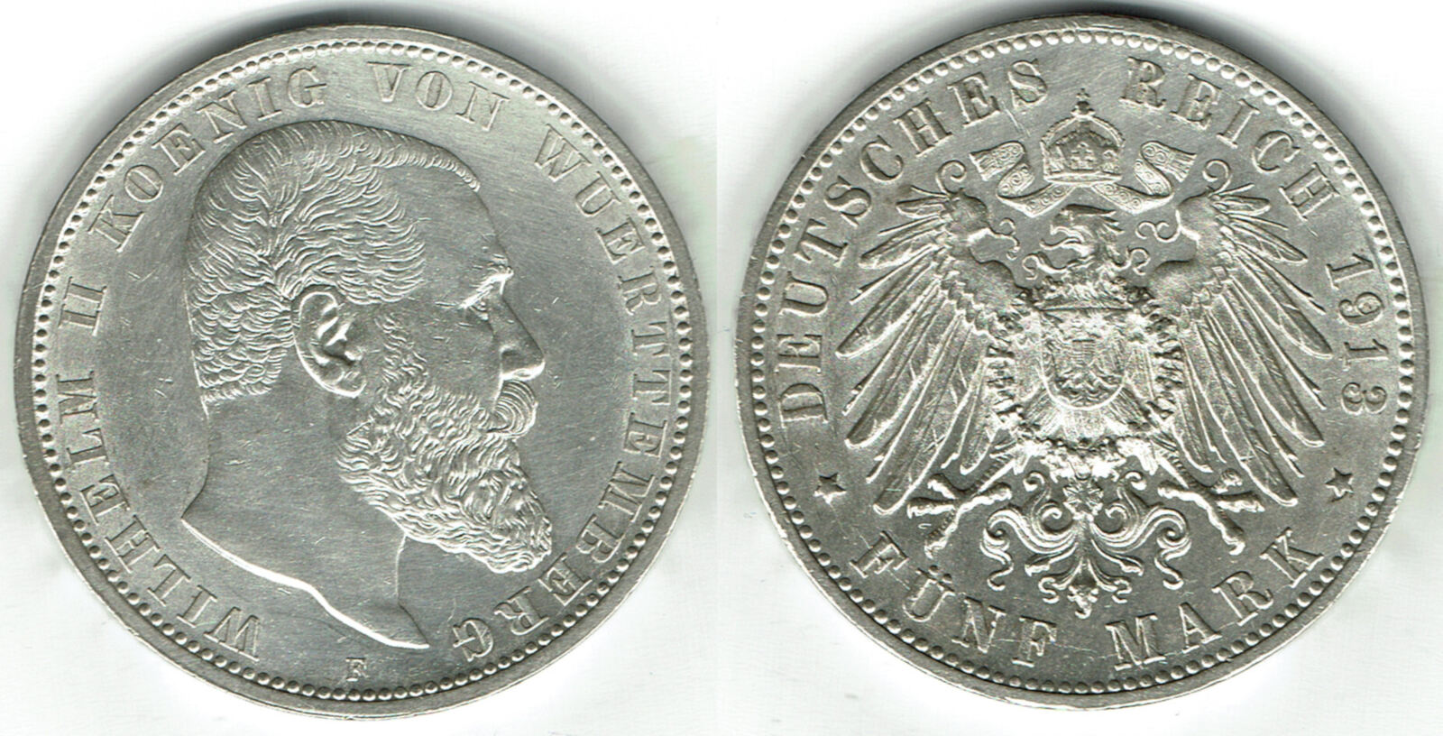 5 Mark Kaiserreich, Württemberg 1913 F, Wilhelm II., Erhaltung siehe Scan! sehr schön bis ...